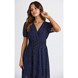 PRETTYGARDEN Puff Sleeve Floral Easter Dress for Women High Low Hem Wrap V Neck Summer Dress Smocked Waist Flowy Midi Dress (Bright Blue, Large)