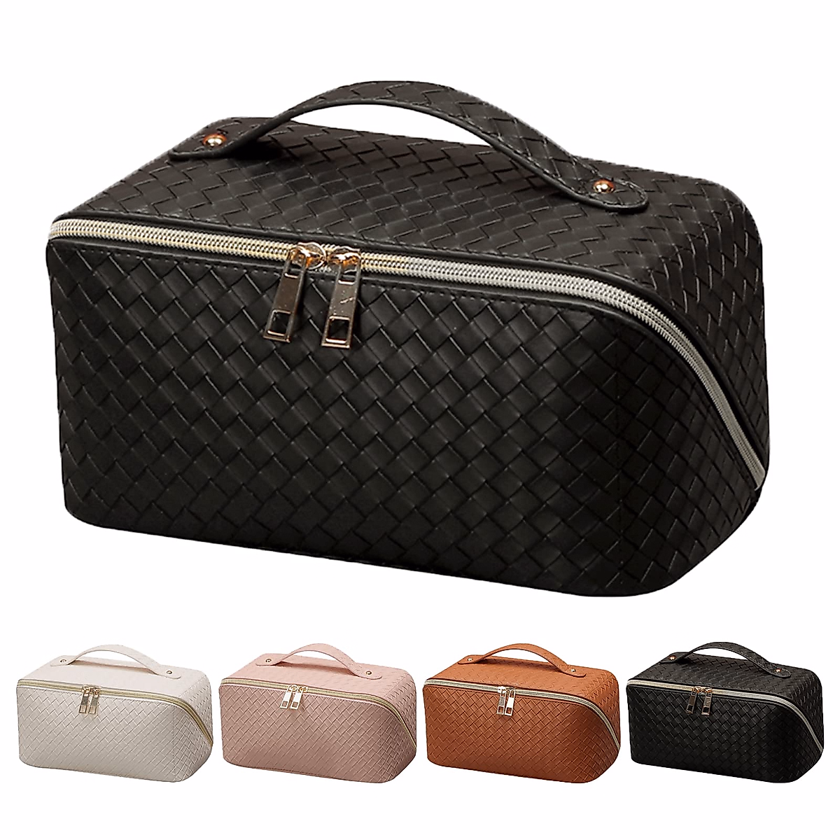 GOLDORANGE Everything Cosmetic Bag, 2023 New Big Checkered Makeup Bag with Handle Divider Portable Flat Lay Makeup Organizer Bag Lightweight PU Leather for Girl and Women, Woven Black