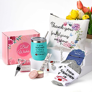 Sabary Christmas Teacher Appreciation Gifts Set Teacher Tumbler for Women, Teacher Cosmetic Bag Unisex Socks Code Bracelet Keychains Bookmark, Back to School Gifts Basket for Birthday Teachers' Day