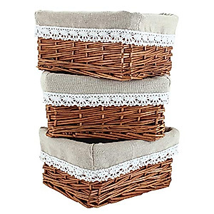 KINGWILLOW Wicker Storage Basket with Liner 3pcs Small Willow Rectangular Handmade Basket for Sundries neatening, (3pcs)