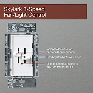 Lutron Skylark 3-Speed Combination Fan and Light Control, 1.5 Amp, Single-Pole, S2-LFSQ-LA, Light Almond