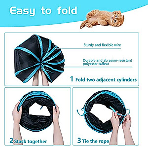 Sheldamy Cat Tunnel, S-2-Way Cat Tunnels for Indoor Cats, Collapsible Cat Play Tunnel, Interactive Toy Maze Cat House with 1 Play Ball for Cats, Puppy, Kitty, Kitten, Rabbit (Blue & Black)