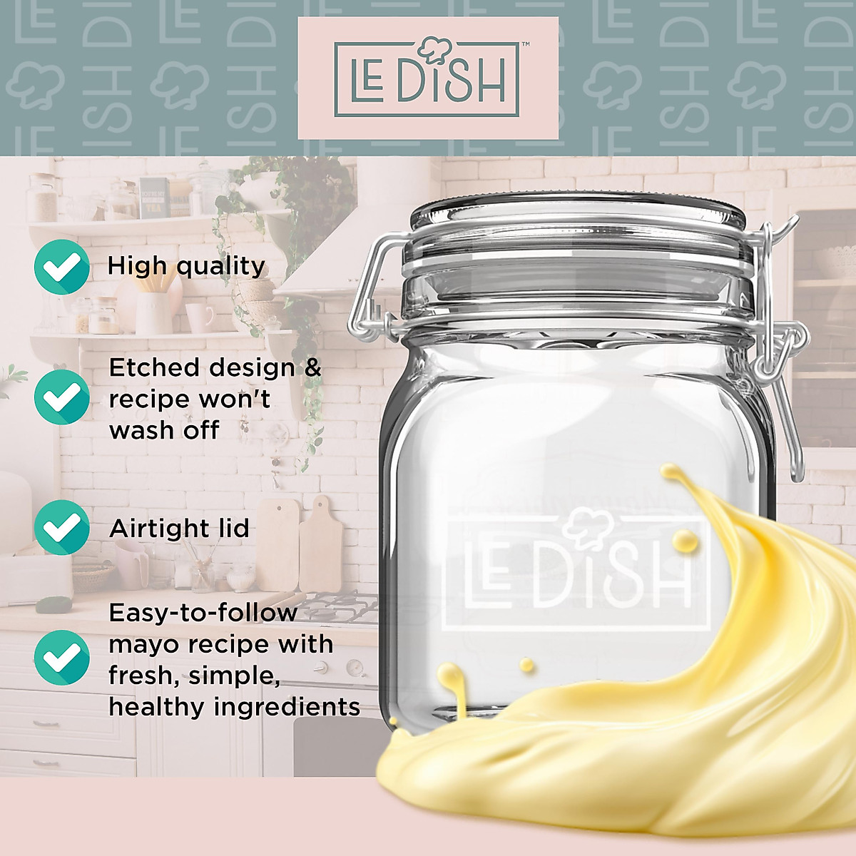 Le Dish Wide Mouth Mason Jar 32 oz | Homemade Mayonnaise Jar with Recipe - Airtight 32 oz Mason Jar with Lid - Large Glass Jar Wide Mouth for Mayonnaise, Canning, Fermenting & Pickling