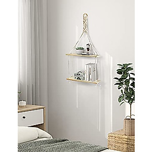 Mazjoaru Macrame Wall Hanging Shelves, Boho Handmade White Shelf Cotton Rope Sturdy Wooden Mounted Cute Decor Display Storage for Plant Bathroom Bedroom Living Room Office-2 Tier