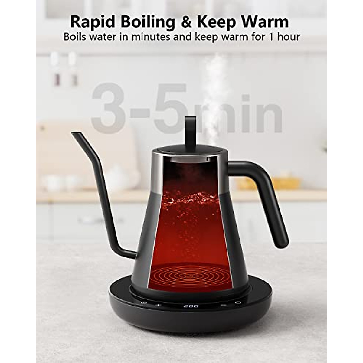 CROWNFUL Smart Electric Gooseneck Kettle with 4 Variable Presets, ±1℉ Temperature Control, 0.8L Capacity, 1200W Quick Heating, 100% Stainless Steel, Pour Over Coffee Kettle, Alexa Control