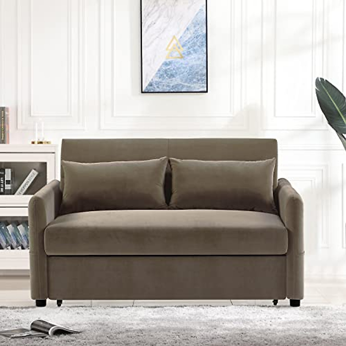 Aoowow Convertible Sleeper Sofa Bed 57 Inches, Velvet 2 Seats Sofa with Pull Out Bed,Loveseat Sofa Couch with Adjustable Backrest, 2 Pillows Side Pocket for Living Room Small Apartment (Light Brown)