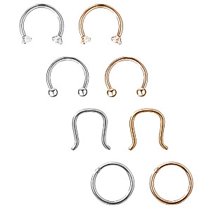 YOVORO 16G 3-4PCS 316L Stainless Steel Septum Piercing Nose Rings Hoop Cartilage Tragus Retainer Body Piercing Jewelry 8-10MM (e: 8pcs Silver-Tone+Rose Gold 8mm)