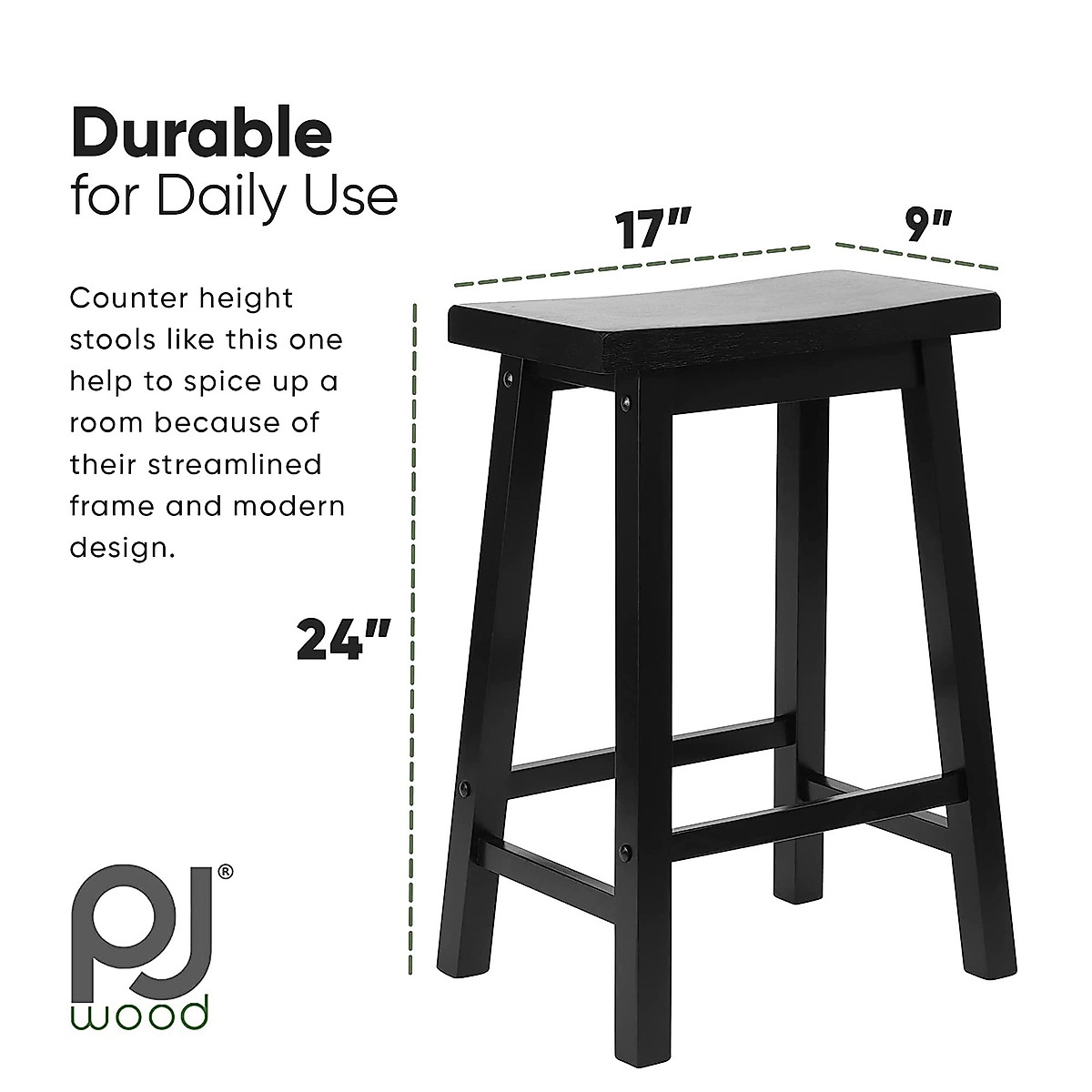 PJ Wood Classic Modern Solid Wood Backless Saddle Seat, 24 Inches Tall Easy Assemble Counter Stool with Durable Construction, Black (2 Pack)