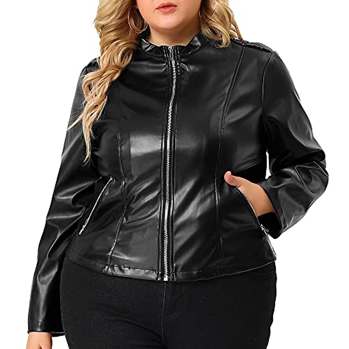 Agnes Orinda Plus Size Jacket for Women Faux Leather Moto Biker Zip Up Halloween Jackets 3X Black