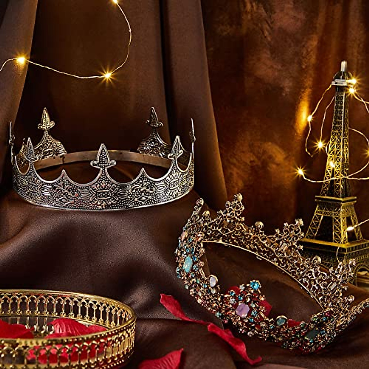 2 Pcs Antique Royal King Crown for Men Baroque Queen Crown for Women Crystal Tiara Crowns Prom Accessories Halloween Costume (Noble Style)