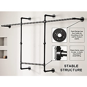 Industrial Clothing Racks Garment Racks – Wall Mounted Pipes Clothes Racks with Four Hanging Rods, Heavy Duty Garment Racks, Industrial Steampunk Closet Organizer Hall Tree (Metal Pipes-Black)