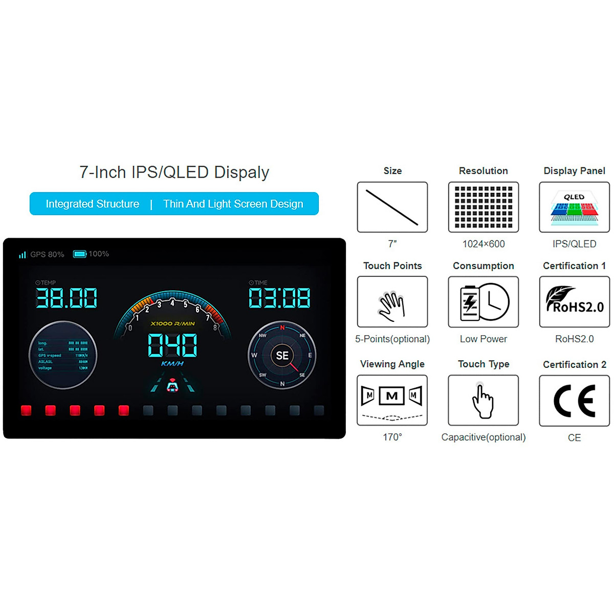 waveshare for Raspberry Pi/Jetson Nano/Windows/PC, 7inch QLED Touch Screen 1024x600 Capacitive LCD Display Integrated Thin and Light, Support Windows/Linux/Android