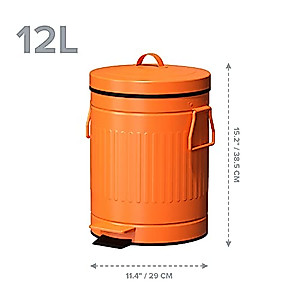Retro Trash Can with Lid - 12L/3.2 Gal Step Trash Can w/ Soft Closing Lid - Round Garbage Can w/ Handles - Touchless Trash Can w/ Removable Garbage Guard Bucket - Outdoor Garbage Bin - Large Trash Can, Orange