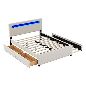 HAWWHOME Queen Size Upholstered Platform Bed with 2 Storage Drawers and Twin Trundle, LED Lights and USB Charging, Linen Queen Bed Frame with Headboard and Wood Slat Support,Beige