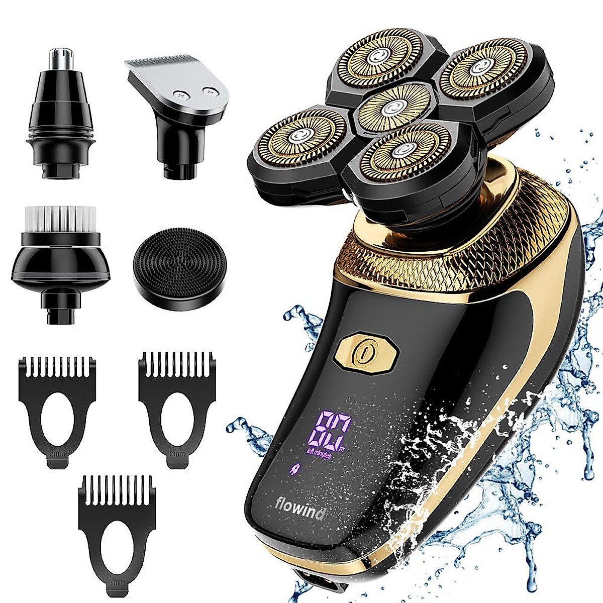 Head Shavers for Bald Men-Flowind Electric Razor for Men with LED Display, Faster-Charging 5D Floating Waterproof Mens Shaver with Hair Clippers,Nose Hair Trimmer Gold…