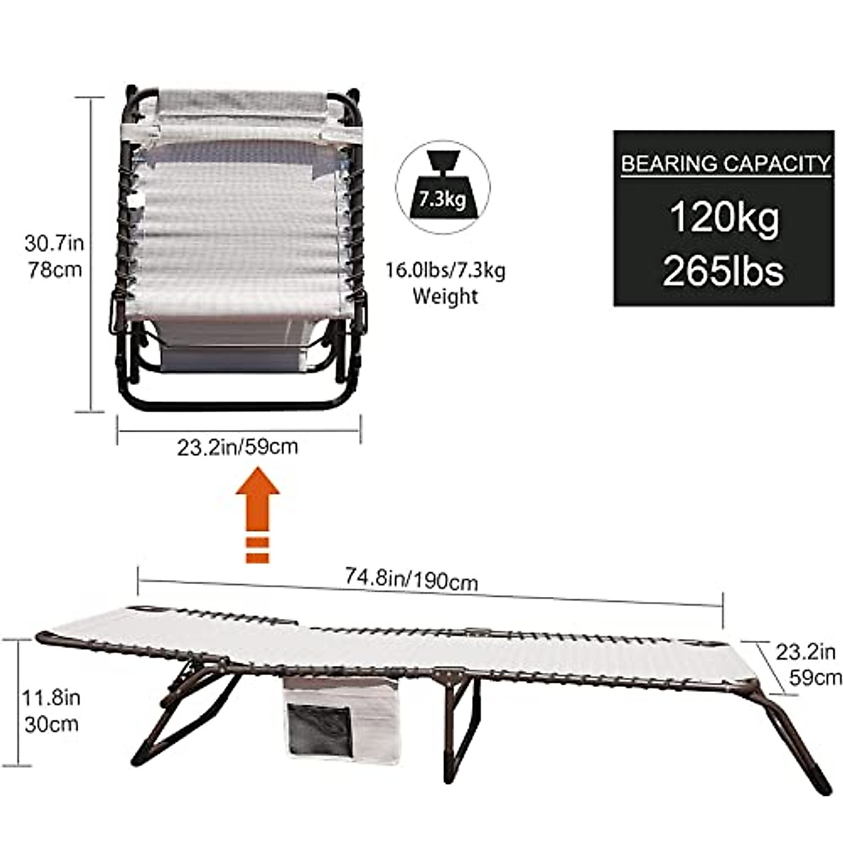 GOLDSUN Foldable Patio Chaise Lounge Chair for Outdoor with Detachable Pocket and Pillow, Portable Adjustable Sun Lounger Recliner for Beach, Camping and Pool-Beige（1pack