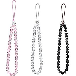 3 Pieces Cell Phone Lanyard Strap Phone Charm Bling Crystal Beads Hand Wrist Lanyard Strap Beaded Women's Wristlet(Black, White, Pink)