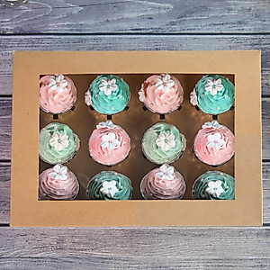 ONE MORE [20-Packs] Brown Cupcake Boxes 12 Holders, Cake Carrier Food Grade Kraft Pop-up Bakery Boxes 13.8 x 9.5 x 4inch with Inserts and PVC Windows Fits 12 Cavity Cupcake or Muffins Pack of 20