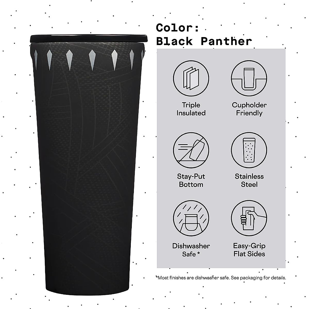 Corkcicle Marvel 24 Ounce Triple Insulated Stainless Steel Travel Cup Tumbler with Lid and Silicone Bottom for Hot and Cold Drinks, Black Panther