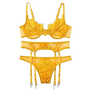 wodceeke Women's 3 PC Deep V Teddy Lingerie Set Sexy Lace Babydoll Bodysuit With Garter (Yellow, L)