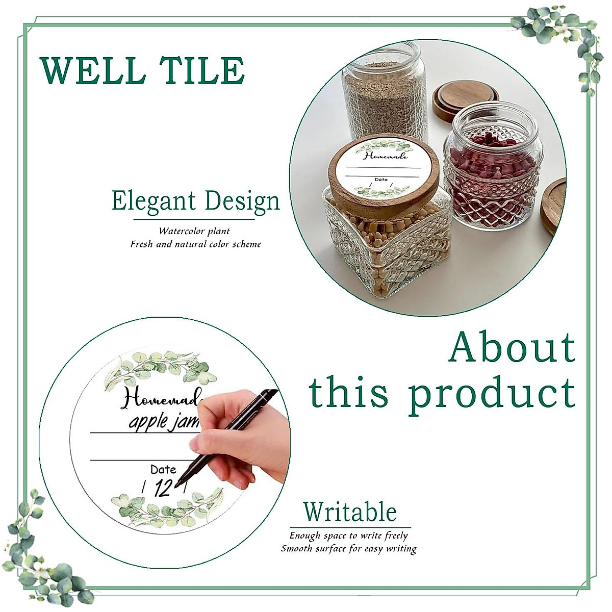 500Pcs Watercolor Green Plants Canning Stickers Round Food Labels 2 Inch - Write on Date Contents Canning Jar Lids Labels with Lines for Mason Jars Homemade Jam and Jelly