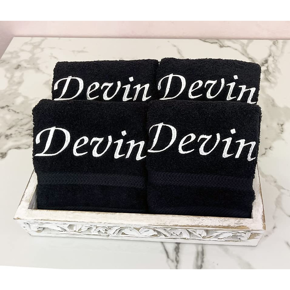 Custom Embroidered Washcloth Towel Set for Body and face. 100% Soft Cotton Embroidered Makeup Washcloths. Facial and Body Cleansing, Reusable Face and Body Towel Set. Set of Four. (Black)