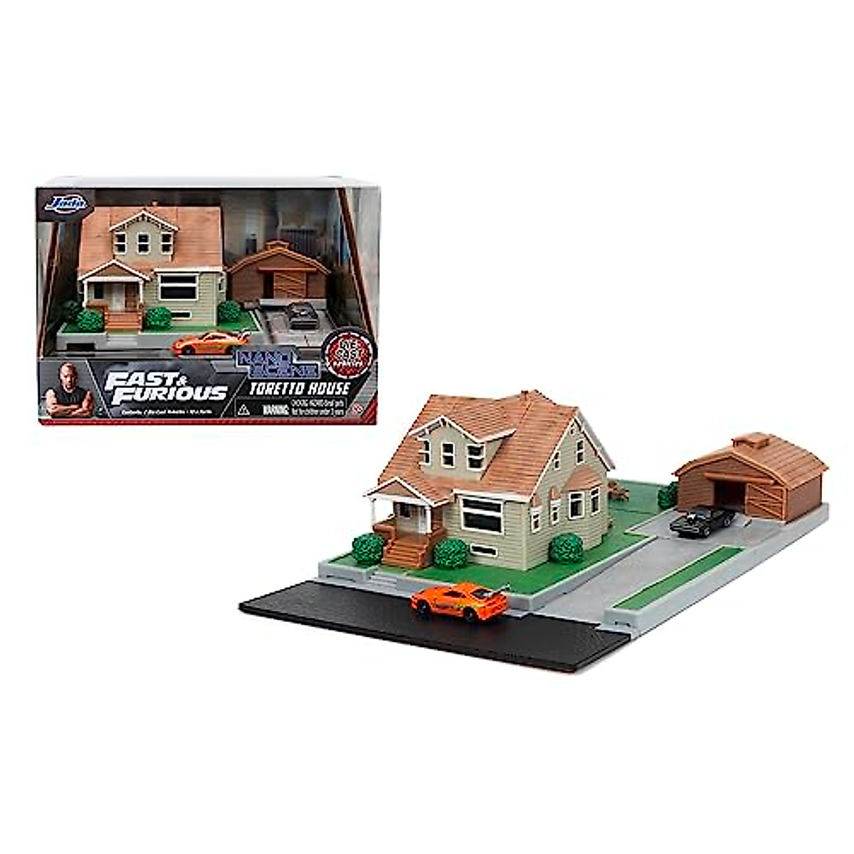 Jada -Toretto's Fast & Furious Garage House, Diorama Playset, Includes Two Nano Vehicles, Collectables (253203081)