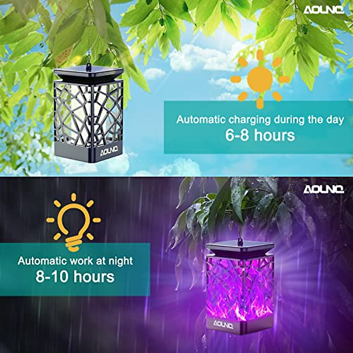 AOUNQ Solar Lanterns Outdoor Waterproof Purple, Upgraded 2 Pack 99 LEDs Flickering Flame Hanging Outdoor Solar Lanterns, Solar Powered Lanterns Lights Outdoor for Garden Patio Yard Porch Decorative