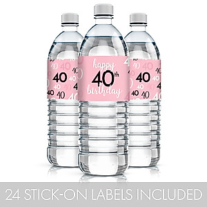 Pink, Black, and White 40th Birthday Party Water Bottle Labels - 24 Waterproof Wrappers, Pink Birthday Decoration for Women
