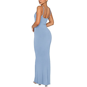 REORIA Women's Sexy Casual Lounge Slip Long Dress Elegant Wedding Guest Sleeveless Backless Ribbed Bodycon Maxi Dresses Blue Medium