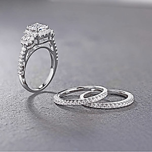 3 Piece Halo Wedding Ring Set for Women Bridal Ring Set 1Ct Center Cushion Cut Moissanite Engagement Ring Set Platinum Plated Silver Anniversary Promise Rings size9