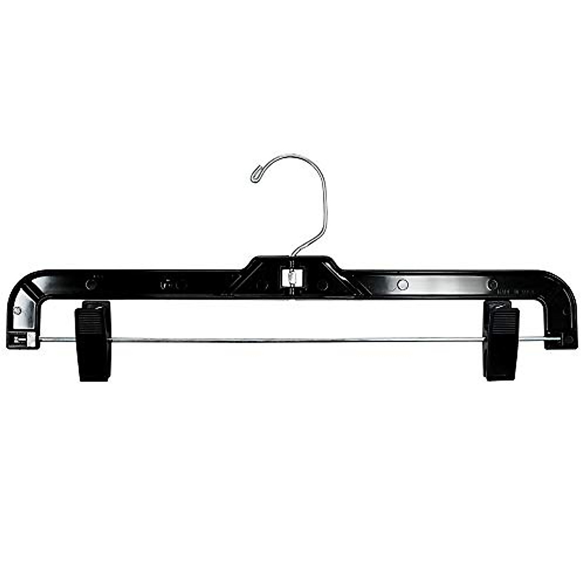NAHANCO 8600PC 14" Shiny Black Plastic Hanger, Heavy Weight Skirt Slack Hanger with Black Plastic Clips (Pack of 100), Black Clips & Chrome Hook