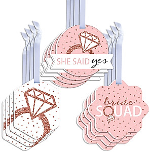 Big Dot of Happiness Bride Squad - Assorted Hanging Rose Gold Bridal Shower or Bachelorette Party Favor Tags - Gift Tag Toppers - Set of 12