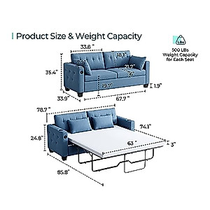 LINSY HOME Pull Out Sofa Bed, Queen Sleeper Sofa Couch with Memory Foam Mattress and Solid Wood Bed Frame, Covers Removable and Washable, Pullout Couch for Home Office, Blue, Queen Size