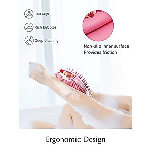 HEETA Silicone Body Scrubber and Hair Shampoo Brush, 2 in 1 Upgrade Scalp Massager Exfoliating Brush for Skin and Scalp Care - Silicone Loofah with Gentle Massage Nodes, Lathers Well (Pink)