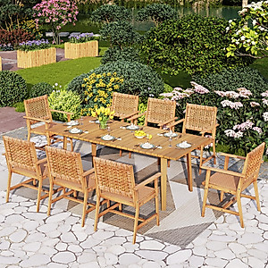 PHI VILLA 9 PCS Acacia Wood Outdoor Dining Set for 8, Teak Rectangle Wooden Table & Dining Chairs with Wicker Seat and Back, Farmhouse Dining Furniture Set for Patio, Deck, Yard, Porch