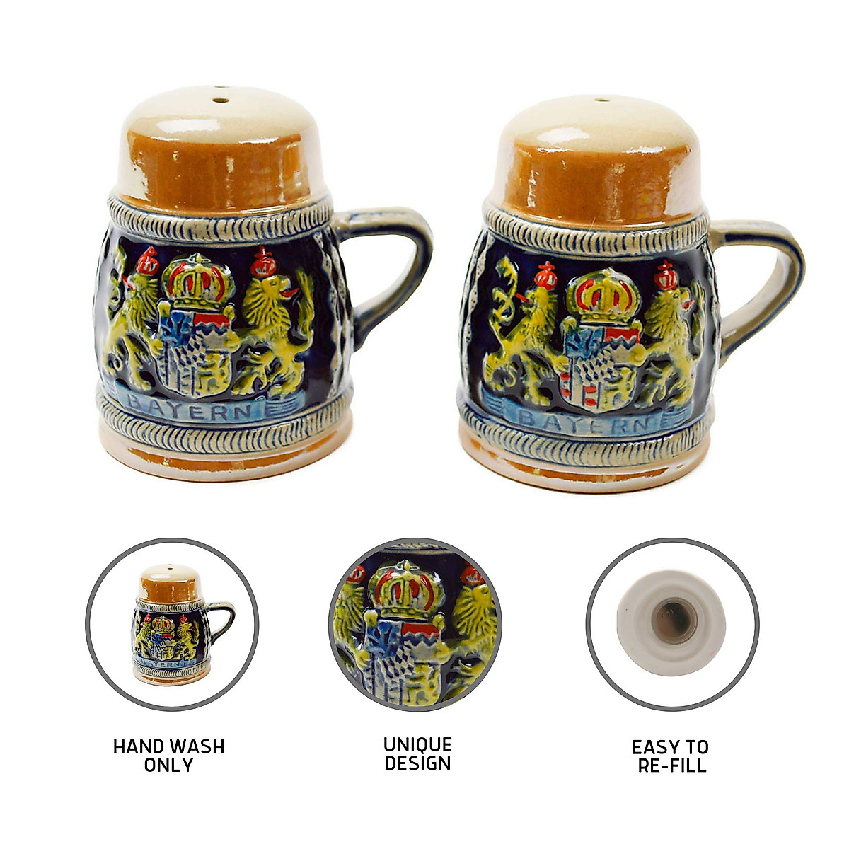 Bayern Crown & Lions Engraved Beer Stein German Kitchen Ceramic Salt and Pepper Shakers Set by E.H.G