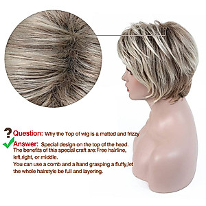 Rosa Star Short Wig Ombre Brown Mixed Blonde Hair Wigs Natural Curly with Bangs Synthetic Hair Fibers Heat Resistant Full Wig for Women