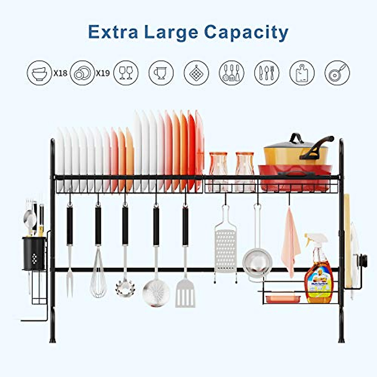 iSPECLE Over The Sink Dish Drying Rack Large Stainless Steel Dish Rack Shelf Over Sink for Kitchen Space Saver, Black