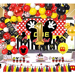 FVABO Mickey 1st Birthday Party Supplies Include Backdrop, Balloons Garland Arch, Welcome Hanger, Banner, Crown, Tablecloth, Cake Topper, Tassels, Mickey Theme Mouse Baby Shower Party Decorations