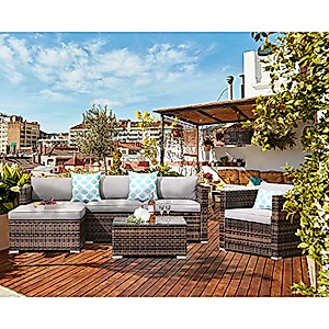 HOMPUS 6 Pieces Outdoor Furniture Set, All-Weather Patio Conversation Set Brown Handwoven Wicker w/Washable Gray Cushions, Glass Coffee Table, Modular Sectional Sofa Set for Backyard Garden Deck Pool