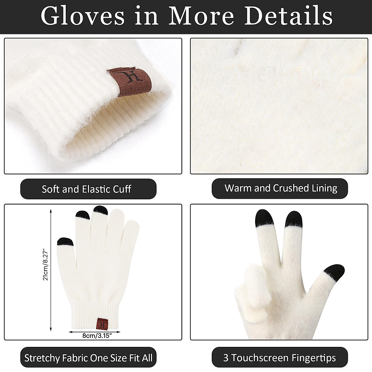 Womens Winter Warm Knit Beanie Hat Touchscreen Gloves Long Neck Scarf Set with Fleece Lined Skull Caps Gifts for Women Men White