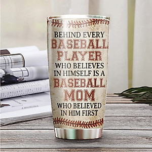 QDArtStore Personalized Baseball Mom And Son Tumbler Behind Every Baseball Player Who Believes In Himself Mother's Day Gift For Mom Mother Baseball Lover From Son Daughter on Mother's Day Birthday