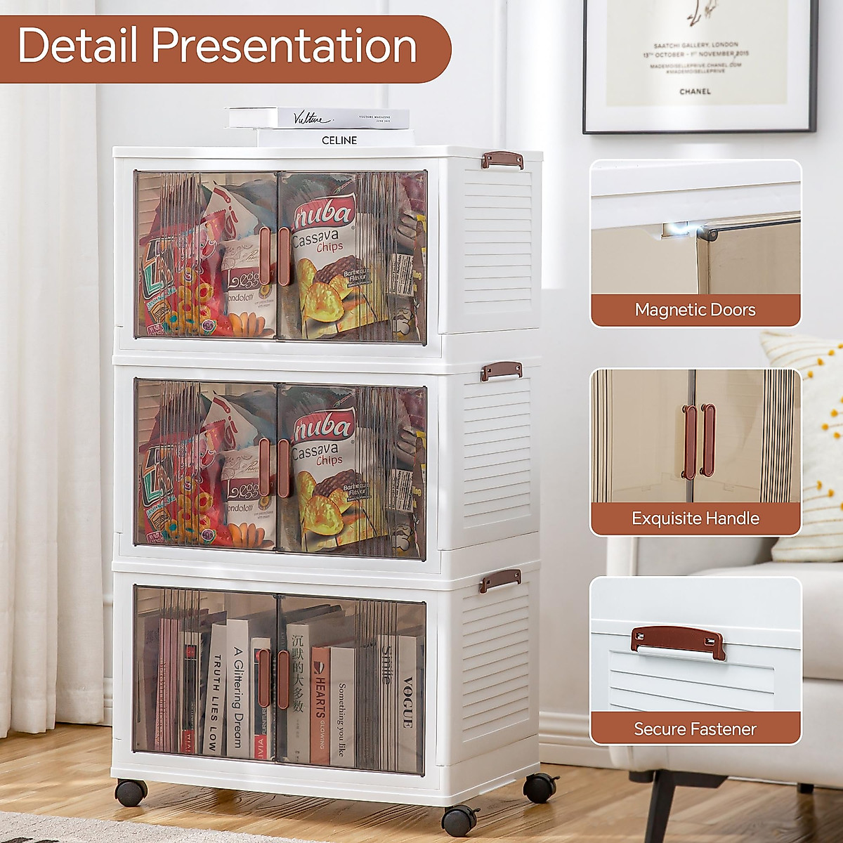 Homeforce Collapsible Storage Bins with Lids 3 Pack 17 Gal Each, Stackable and Foldable Storage Boxes with Doors & Wheels, Large Closet Organizers and Storage Cabinet, Suitable for kids over 6