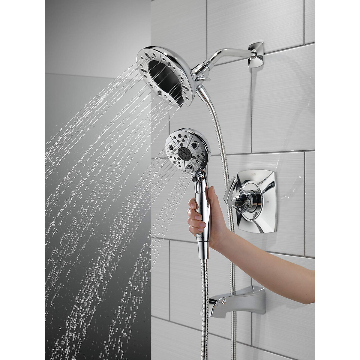 Delta Faucet Vesna 14 Series Single-Handle Shower Trim Kit with 5-Spray H2Okinetic In2ition Dual Hand Held Shower Head with Hose, Chrome 144789-I (Valve Included)