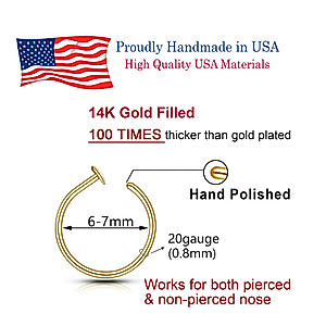 14k Gold Filled 20G Small Thin Nose Ring Hoop for Women, 6mm - 7mm Adjustable Nostril Piercing Jewelry