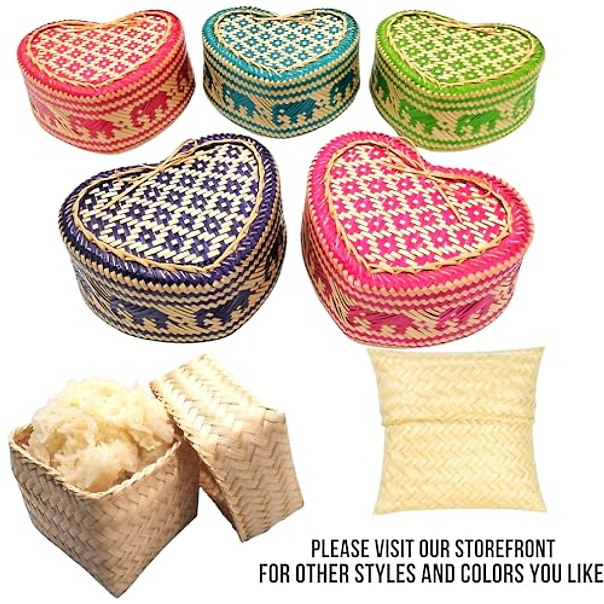 Bamboo Sticky Rice Serving Basket 6 x 5.2 Inch, Kratip, Intricately Woven Container, Heart-Shaped, Pikul Flower Weave Pattern, Thailand Handmade (Purple)