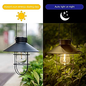 2Pack Solar Metal Hanging Lantern with Shepherd Hook Outdoor Led Garden Lights Black