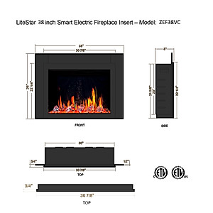 Litedeer Homes LiteStar 38" Smart Electric Fireplace Insert with App, Crackling Fire Sounds, Diamond-Like Crystal, Black - ZEF38VC-C