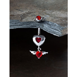 Pierced Owl 14G Stainless Steel Red CZ Crystal Winged Heart Dangling Belly Button Ring